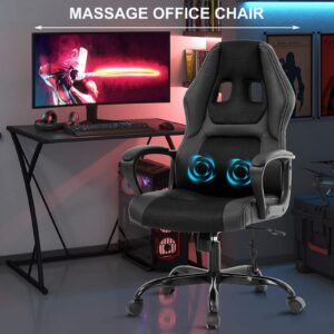 PC Gaming Chair Massage Function Computer Chair Ergonomic Office Chair with Lumbar Support Swivel Rolling Desk Chair Video Game PU Leather Racing Chair Executive High Back Task Chair, Black