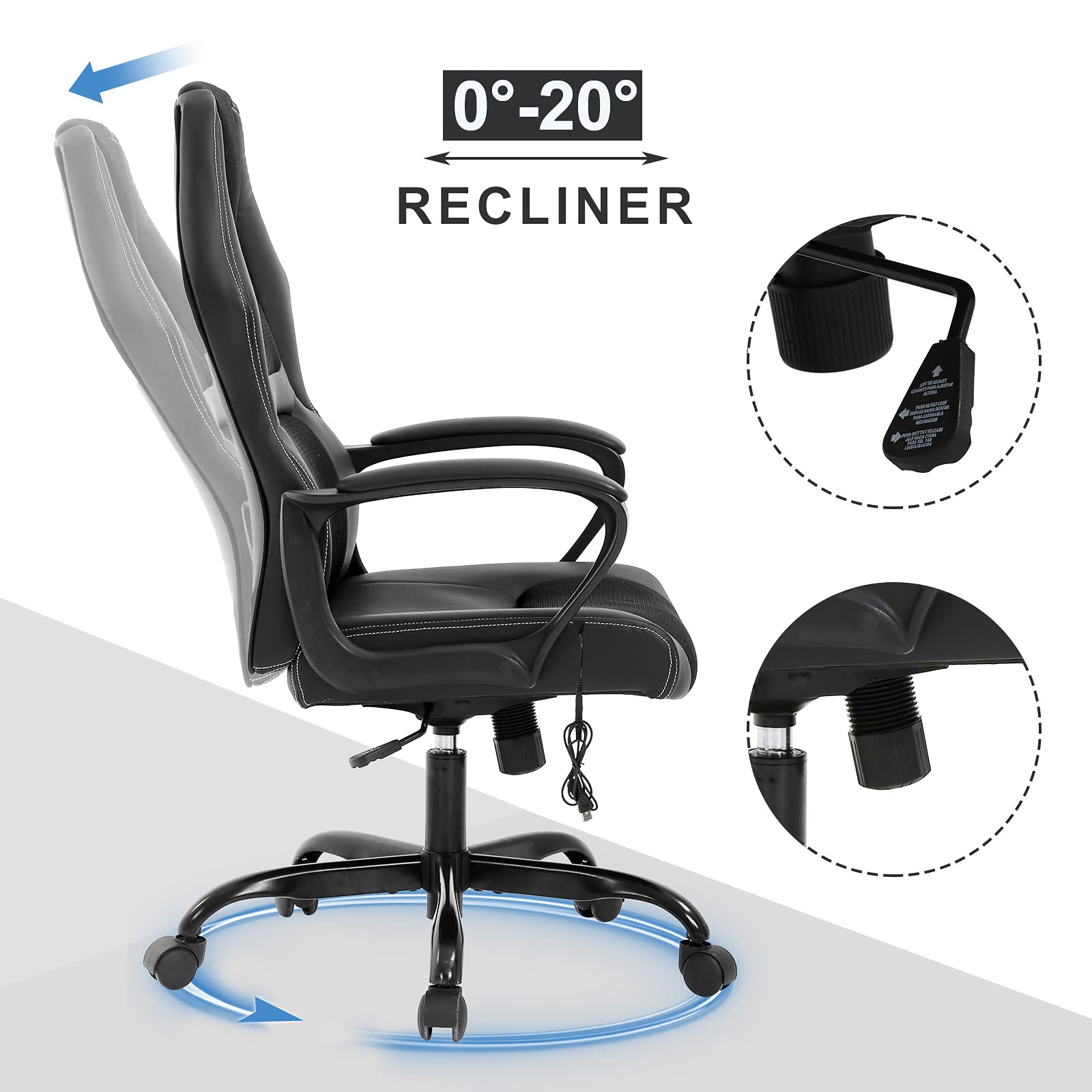 PC Gaming Chair Massage Function Computer Chair Ergonomic Office Chair with Lumbar Support Swivel Rolling Desk Chair Video Game PU Leather Racing Chair Executive High Back Task Chair, Black