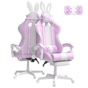 ferghana kawaii light purple gaming chair with bunny ears, ergonomic cute gamer chair with footrest and massage, racing reclining leather computer game chair 250lbs for girls adults teens kids