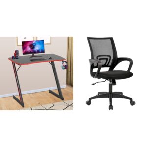 bestoffice gmaing desk 35.4in pc computer desk z shaped gaming workstation ergonomic gaming table, red & chair ergonomic desk chair mesh computer chair, black