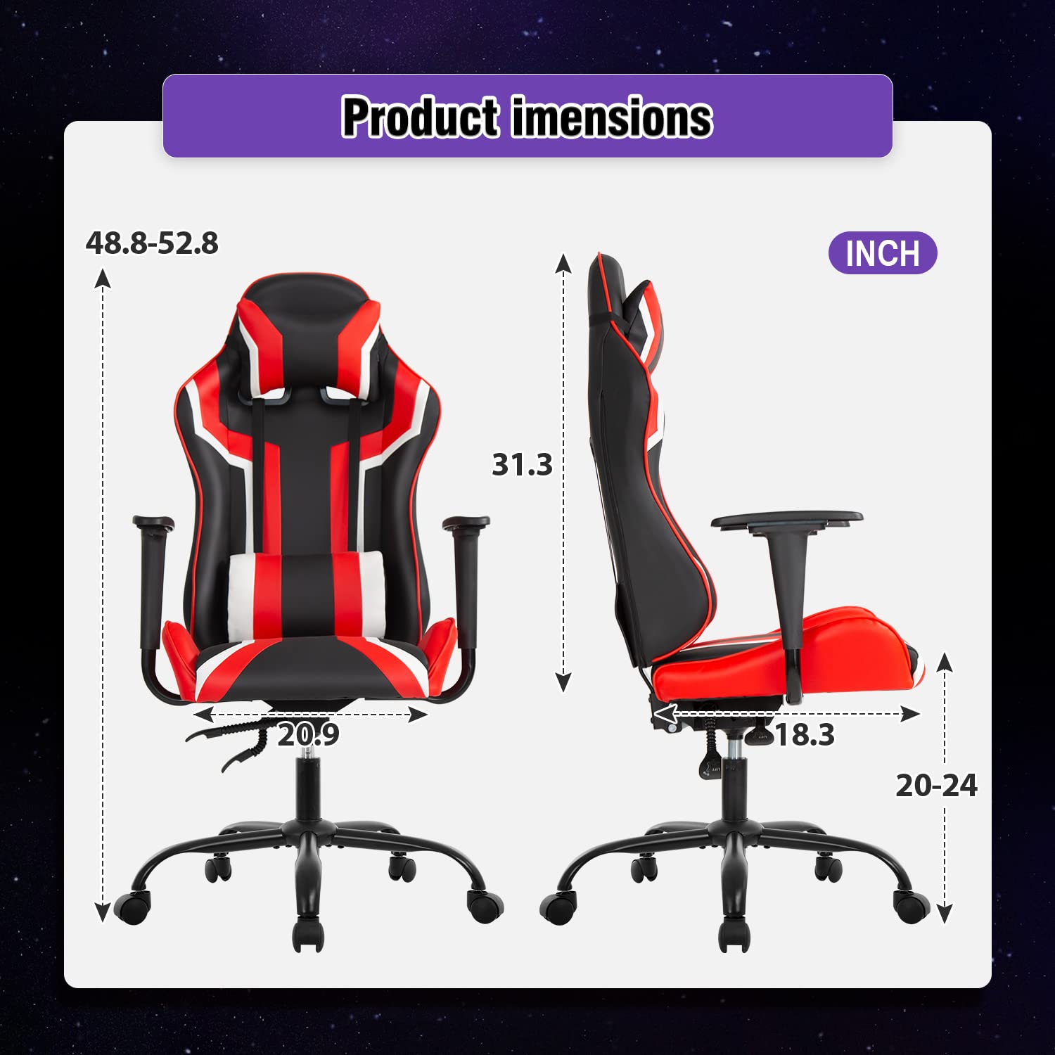 Gaming Chair Racing Desk Chair Ergonomic Office Chair Executive High Back PU Leather Computer Chair with Lumbar Support Task Rolling Swivel Chair for Men Teens Adults (Red)