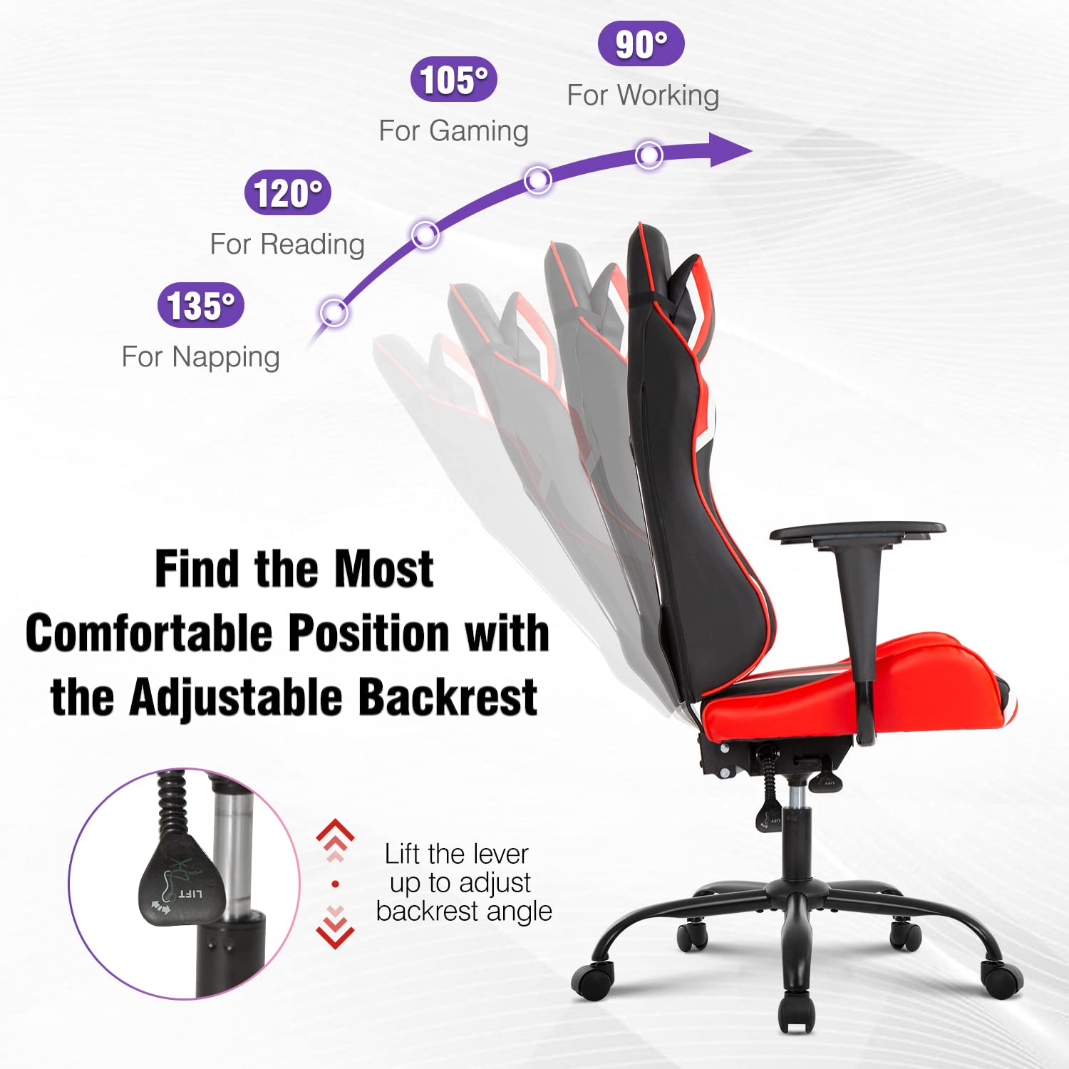 Gaming Chair Racing Desk Chair Ergonomic Office Chair Executive High Back PU Leather Computer Chair with Lumbar Support Task Rolling Swivel Chair for Men Teens Adults (Red)