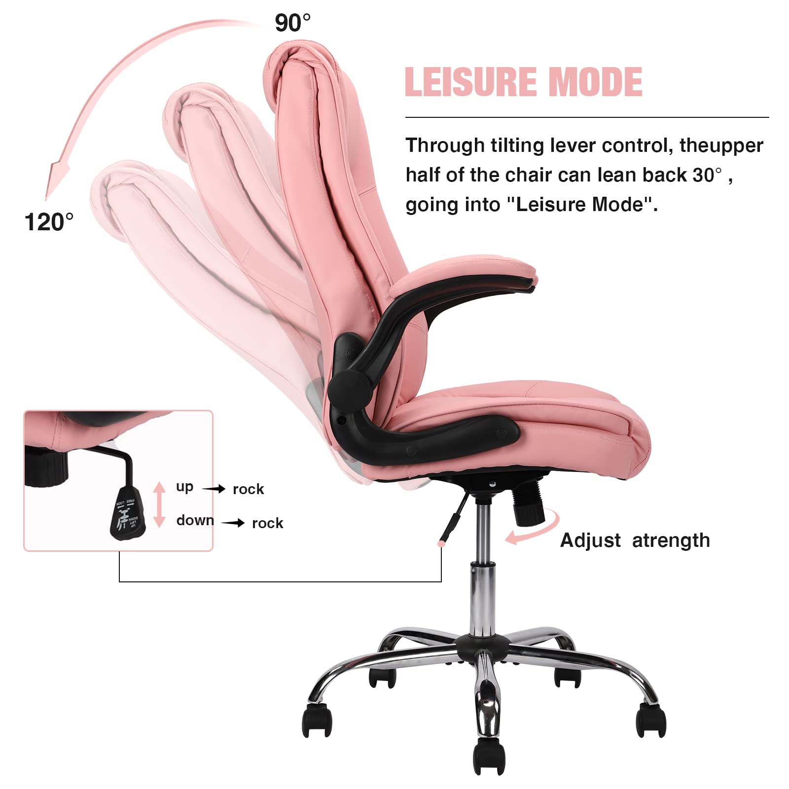 Ergonomic Executive Office Chairs, High Back Leather Office Desk Chairs with Flip up Arms and Height Adjustment, Home Office Computer Task Desk Chair Swivel Home Comfort Chairs (Pink)