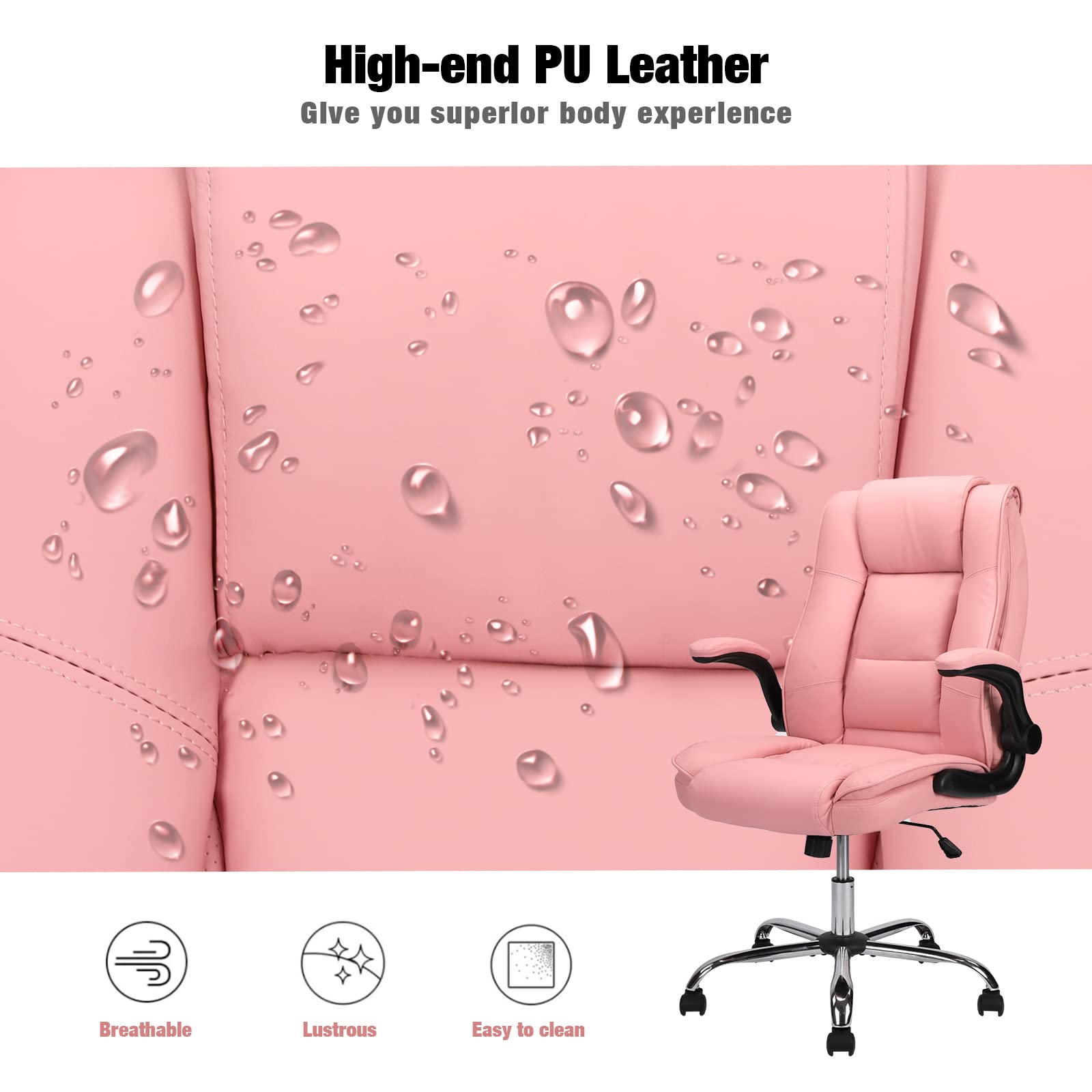 Ergonomic Executive Office Chairs, High Back Leather Office Desk Chairs with Flip up Arms and Height Adjustment, Home Office Computer Task Desk Chair Swivel Home Comfort Chairs (Pink)