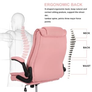 Ergonomic Executive Office Chairs, High Back Leather Office Desk Chairs with Flip up Arms and Height Adjustment, Home Office Computer Task Desk Chair Swivel Home Comfort Chairs (Pink)