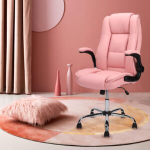 Ergonomic Executive Office Chairs, High Back Leather Office Desk Chairs with Flip up Arms and Height Adjustment, Home Office Computer Task Desk Chair Swivel Home Comfort Chairs (Pink)