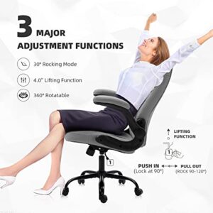 SEATZONE High Back Computer Office Desk Chair with Flip up Arms and Wheels Leather Swivel Comfy Modern Chair for Teens Adults, Gray