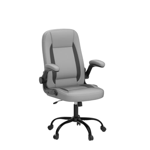 SEATZONE High Back Computer Office Desk Chair with Flip up Arms and Wheels Leather Swivel Comfy Modern Chair for Teens Adults, Gray