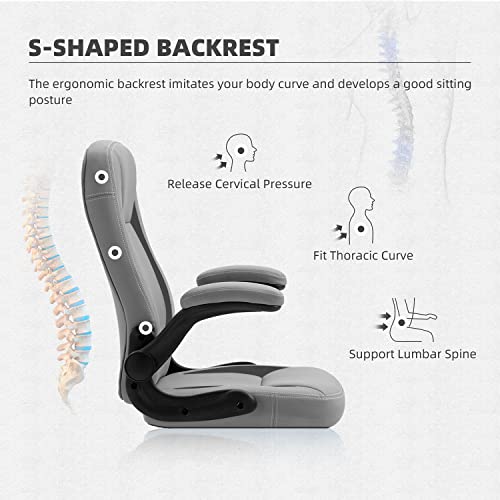 SEATZONE High Back Computer Office Desk Chair with Flip up Arms and Wheels Leather Swivel Comfy Modern Chair for Teens Adults, Gray