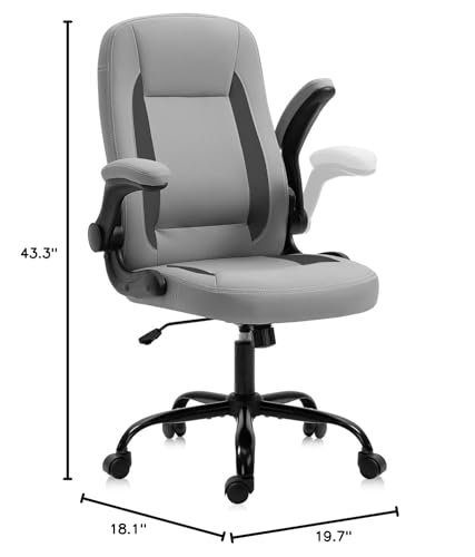 SEATZONE High Back Computer Office Desk Chair with Flip up Arms and Wheels Leather Swivel Comfy Modern Chair for Teens Adults, Gray