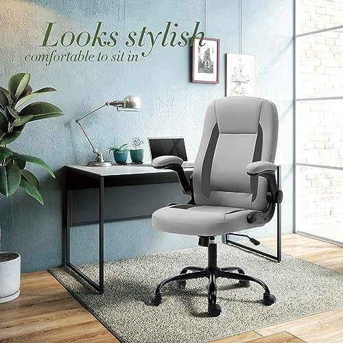 SEATZONE High Back Computer Office Desk Chair with Flip up Arms and Wheels Leather Swivel Comfy Modern Chair for Teens Adults, Gray