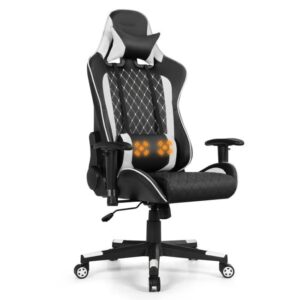 ergonomic gamer desk chair, high back pc computer home office chair with massage & 90°-180° adjustable tilt back height adjustable swivel pu leather executive racing computer desk (black+ white)