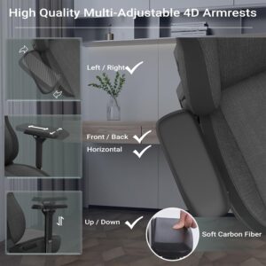 Gaming Chair Breathable Fabric Office Chair 4D Armrests, High Back Ergonomic Computer Chair with Premium Breathable Cloth Cushion and Headrest Lumbar Support Grey