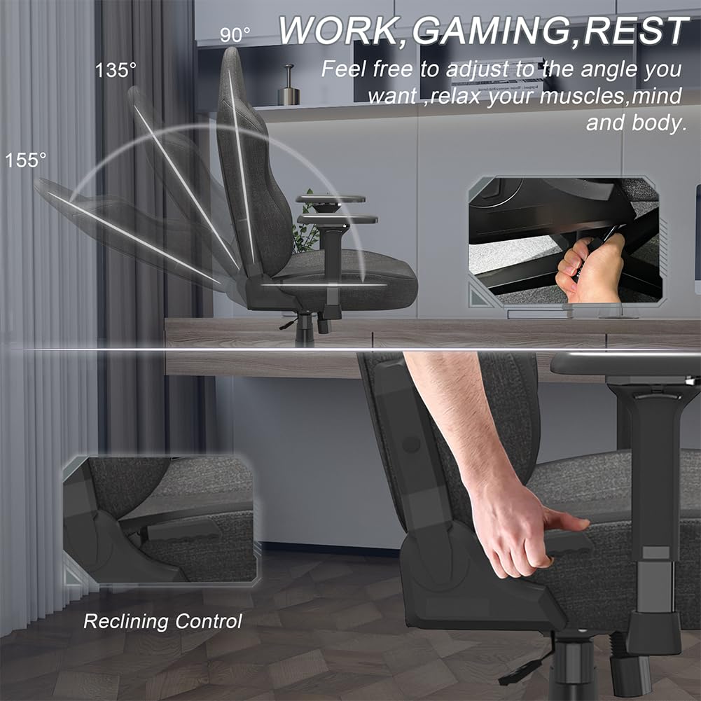 Gaming Chair Breathable Fabric Office Chair 4D Armrests, High Back Ergonomic Computer Chair with Premium Breathable Cloth Cushion and Headrest Lumbar Support Grey