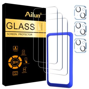 ailun 3 pack screen protector for iphone 15 plus [6.7 inch] + 3 pack camera lens protector with installation frame,case friendly tempered glass film,[9h hardness] - hd[6 pack]