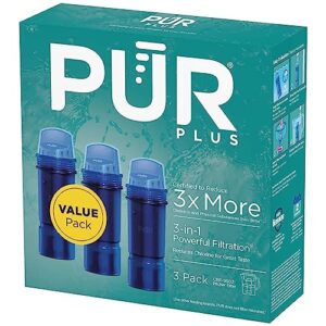 pur plus water pitcher & dispenser replacement filter 3-pack, genuine pur filter, 3-in-1 powerful filtration for more chemical & physical substance reduction, 6-month value, blue (crf950z3)