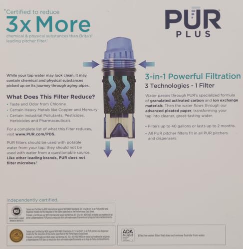 PUR PLUS Water Pitcher & Dispenser Replacement Filter 3-Pack, Genuine PUR Filter, 3-in-1 Powerful Filtration for More Chemical & Physical Substance Reduction, 6-Month Value, Blue (CRF950Z3)