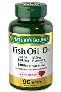 nature's bounty fish oil plus d3, contains omega 3, immune support & supports heart health, 1200mg fish oil, 360mg omega 3, 1000iu vitamin d3, 90 softgels