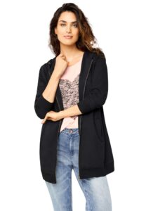 ellos women's plus size long zip front hoodie french terry long oversized lightweight jacket - 3x, black