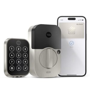 yale assure lock 2 plus apple home keys (tap to open), satin nickel wi-fi connected keyless smart locks with code entry for front door or back, yrd450-n-wf1-619