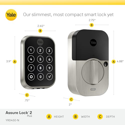 Yale Assure Lock 2 Plus Apple Home Keys (Tap to Open), Satin Nickel Wi-Fi Connected Keyless Smart Locks with Code Entry for Front Door or Back, YRD450-N-WF1-619