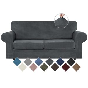 weerrw velvet couch covers for 2 cushion couch sofa - high stretch luxury velvet plush 3 pieces sofa slipcovers with elastic bottom, furniture protector for pets, machine washable, dark grey, medium