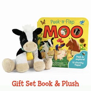 moo peek-a-flap gift set: includes lift-a-flap board book and cuddly plush toy friend for birthdays, baby showers, christmas and easter basket stuffers