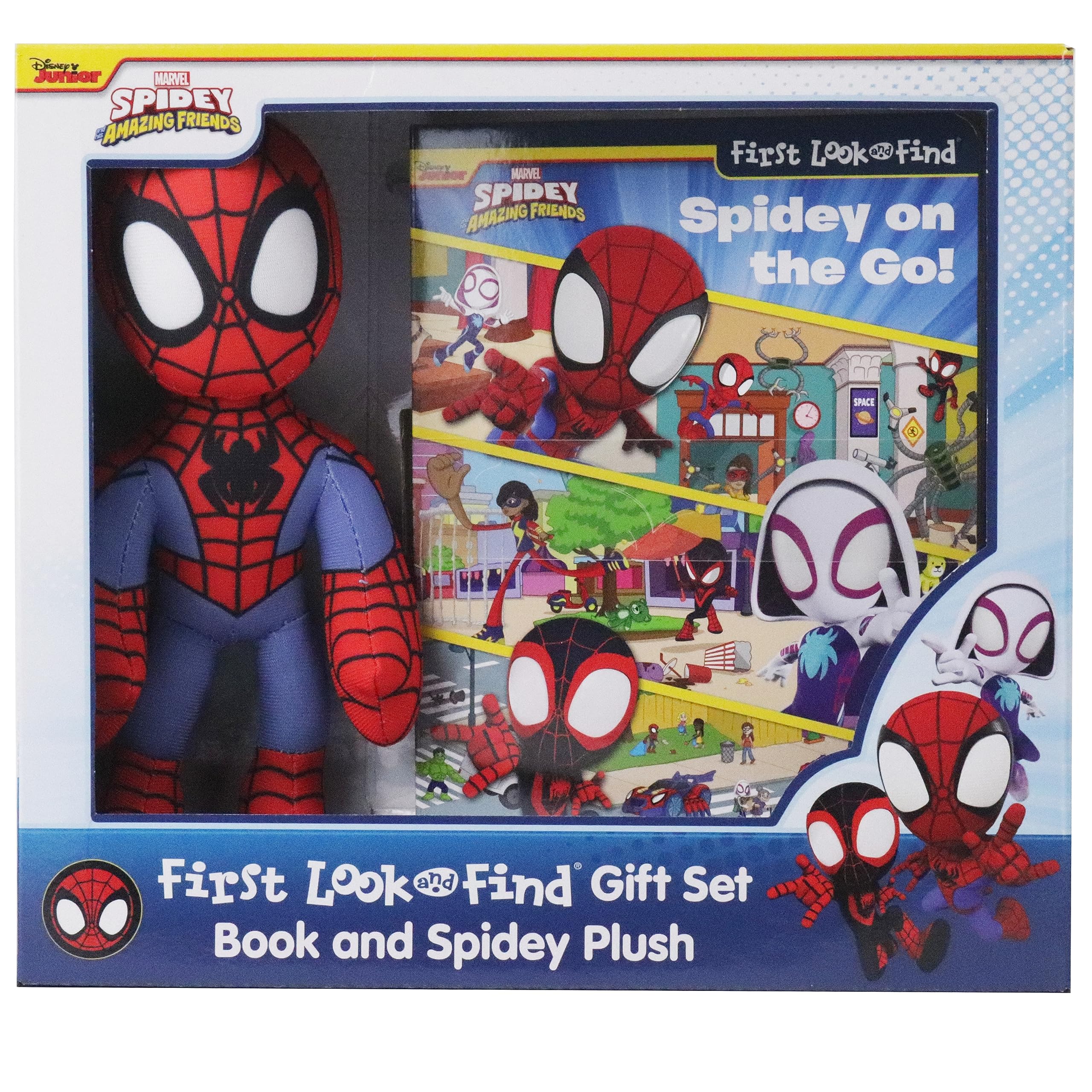 Marvel Spider-man Spidey and his Amazing Friends – Spidey on the Go! First Look and Find Activity Book and Spidey Plush Toy Gift Set – PI Kids