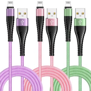 charger iphone 10ft 3pack lightning cable colored nylon braided usb fast charging cord apple mfi certified for iphones 14 13 12 11 se xs pro max xr x 8 7 6 5 plus