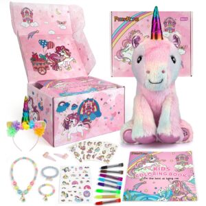 perryhome unicorn gifts for girls 26 pcs surprise box with unicorn plush, diy coloring book and markers, unicorn necklace & jewelry, unicorn themed toy birthday gift for 3-12 (colorful plush set)