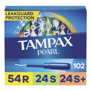 Tampax Pearl Tampons Multipack, Regular/Super/Super Plus Absorbency, With Leakguard Braid, Unscented, 34 Count x 3 Packs (102 Count total)