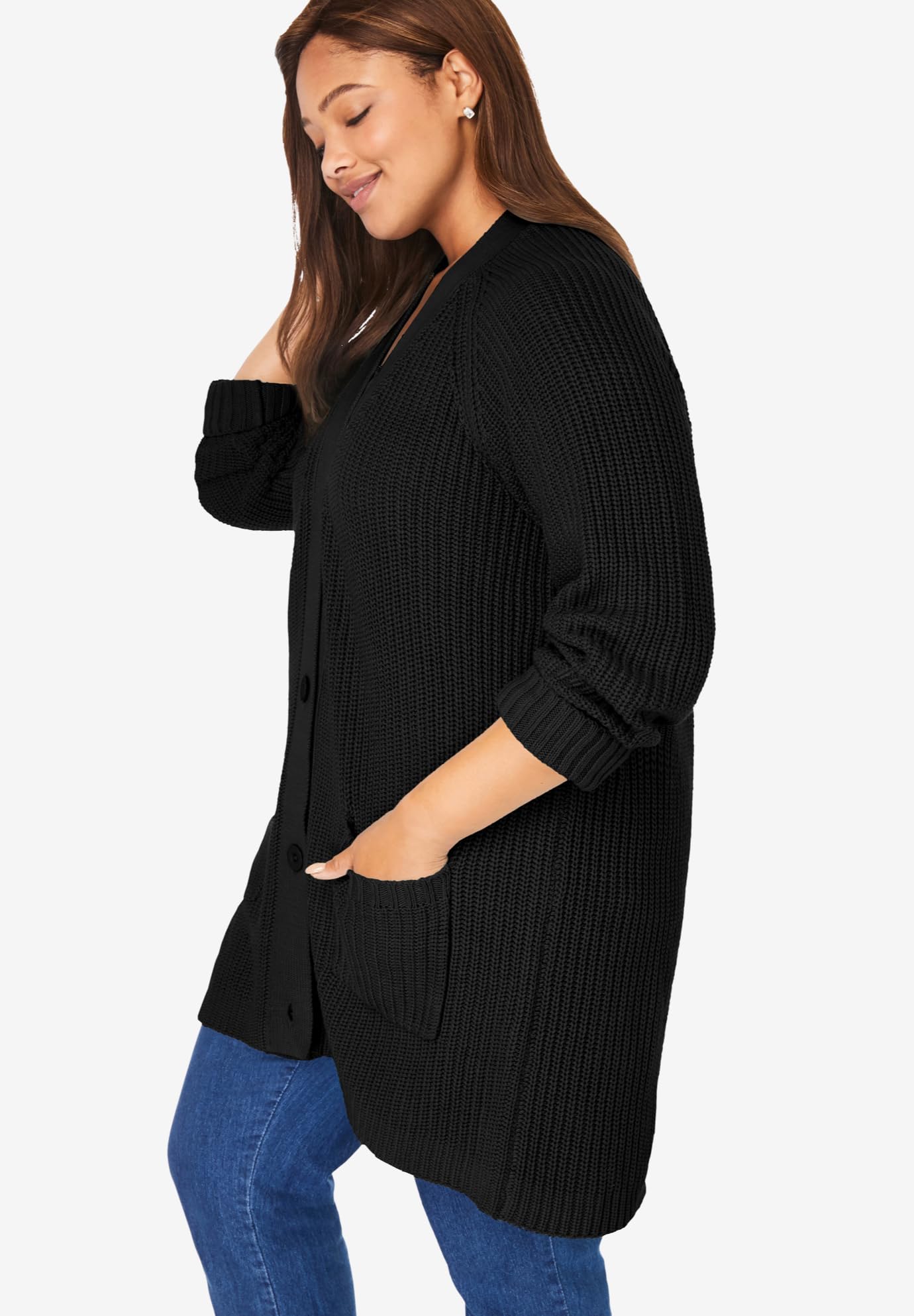 Woman Within Women's Plus Size Button-Front Shaker Cardigan - 3X, Black