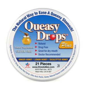 queasy drops plus honey & pectin | 21 drops | queasiness relief | drug free & gluten free | 3 flavors: ginger honey, lemon honey & eucalyptus honey