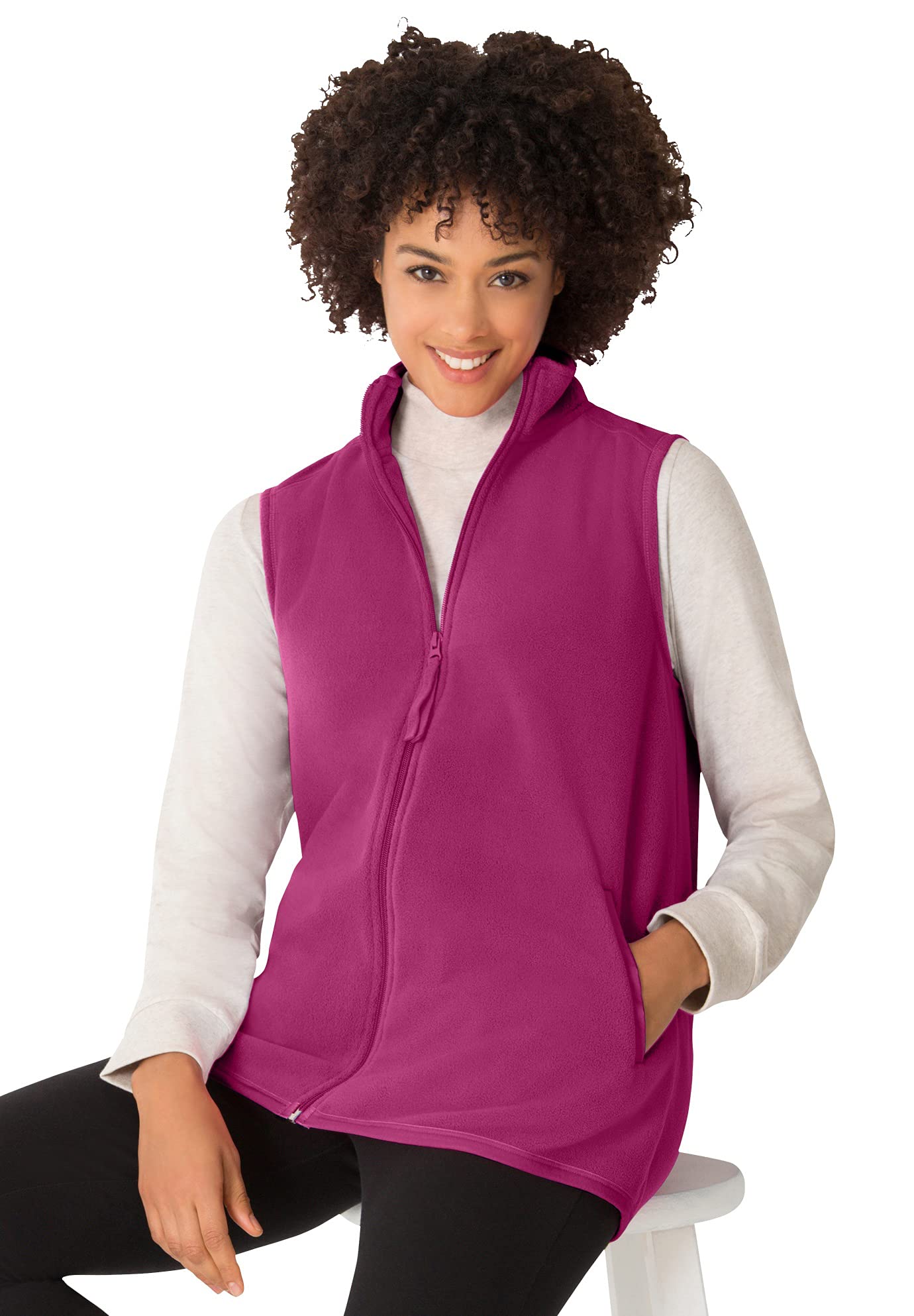 Woman Within Plus Size Zip-Front Microfleece Vest Long Fleece Vest - 3X, Black