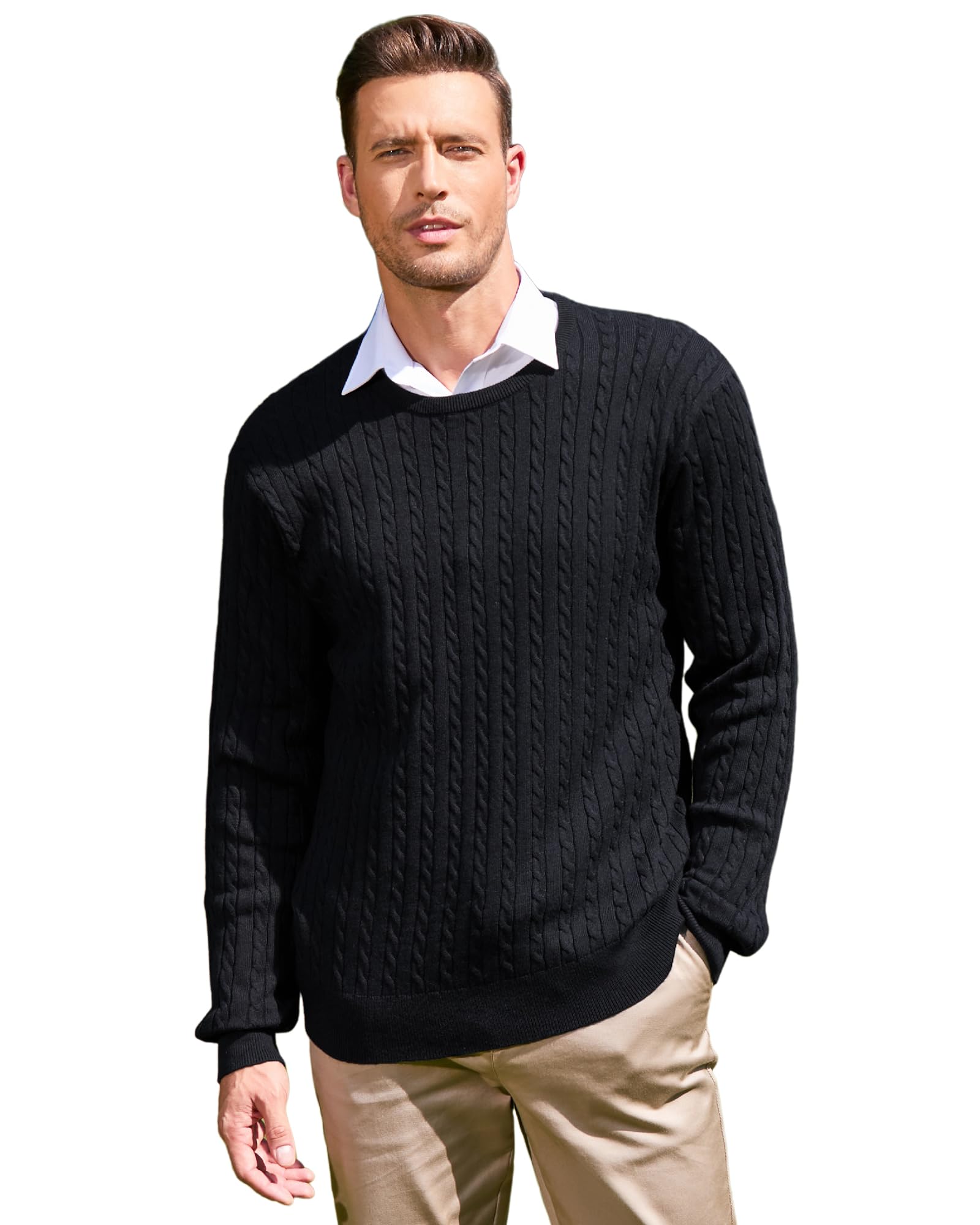 Kallspin Men's Cable Knit Crewneck Sweater Pullovers Wool blend Relax Fit Knitwear (Black, 4X-Large)