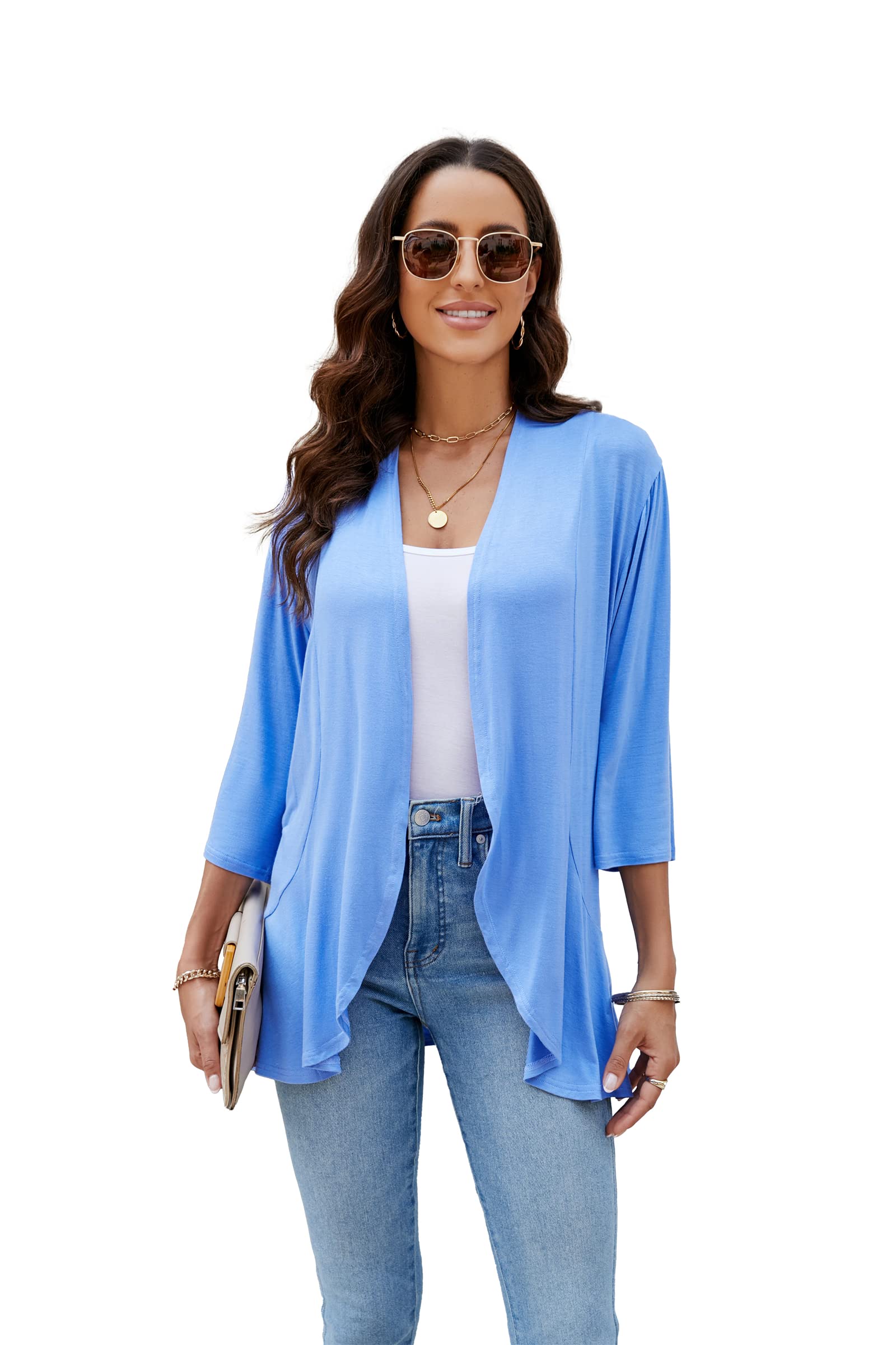 CASURESS Women's Casual Lightweight Open Front Cardigans Soft Draped Ruffles 3/4 Sleeve Cardigan (Light Blue, 3X-Large)