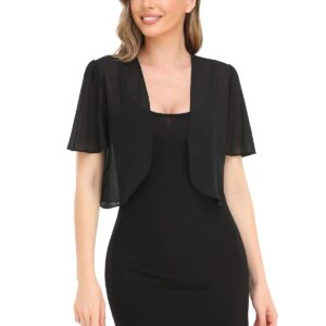 Women Black Bolero Shrug Soft Chiffon Open Front Sheer Short Sleeve Cropped Cardigans for Evening Dress(Black,L)