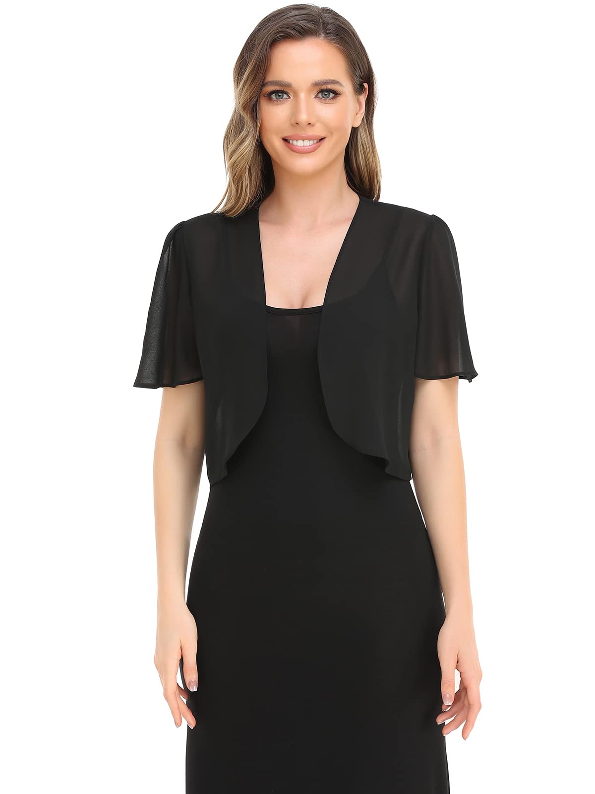 Women Black Bolero Shrug Soft Chiffon Open Front Sheer Short Sleeve Cropped Cardigans for Evening Dress(Black,L)