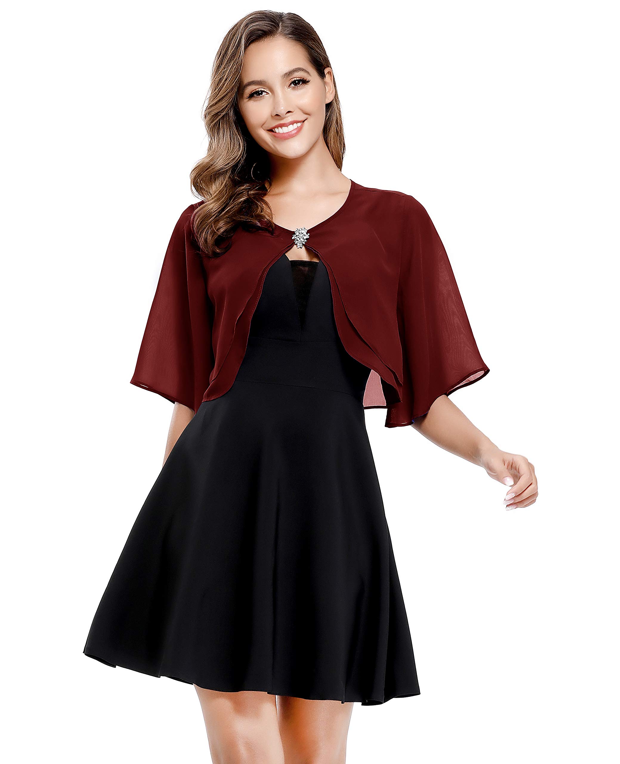 Women's Short Sleeve Open Front Soft Chiffon Shrug Cardigan for Evening Dresses (Deep Wine Red, 2XL-3XL)