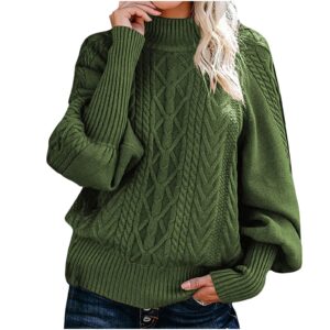 casual knitted sweater tops for women cable knit lantern sleeve high neck sweaters fall winter warm pullover jumpers army green