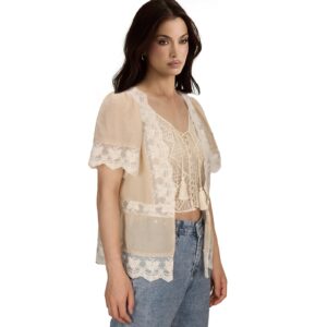 Adult Women Daisy Lace Bohemian Cardigan Summer Floral Fringe Ruffle Short Sleeve Kimono Crochet Sheer Shrug Crop Top (Beige, Medium)