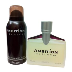 rasasi ambition 2-piece set for men, (2.3 oz eau de parfum spray + 5.0 oz deodorant body spr)