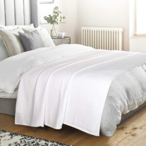 Elvana Home 100% Cotton Bed Blanket, Breathable Bed Blanket Full - Queen Size, Cotton Thermal Blankets Full - Queen, Perfect for Layering Any Bed for All Season, White