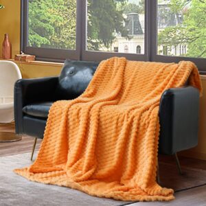 Vessia Flannel Fleece Throw Blanket(50x70 inch), 3D Jacquard Light Orange Fuzzy and Warm Blanket for Couch,Sofa,Bed,Chair, 300GSM Super Soft Touch Cozy Lightweight Throw for All-Season Home Decor