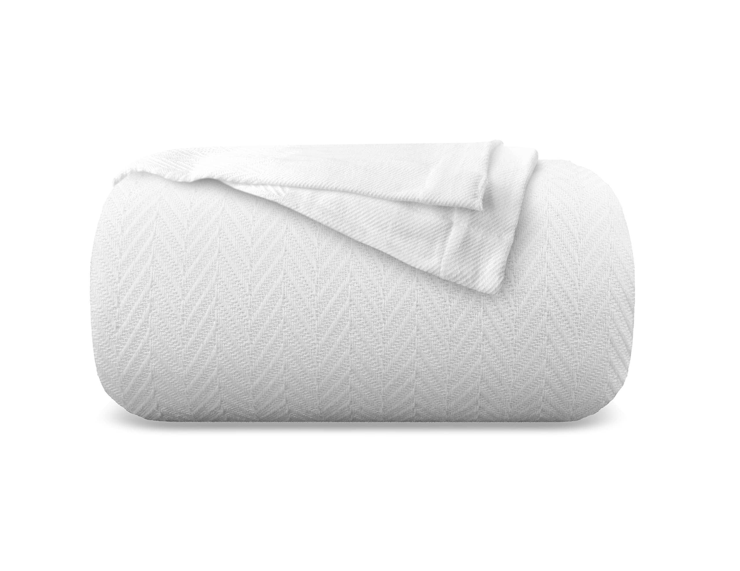 Carressa Linen Pure Cotton, Luxury Queen Size Soft White Blanket Herringbone Pattern, Lightweight, Soft & Cozy Premium Fall Throw Blanket for All Seasons, 350GSM & 90X92 with Free Cotton Pouch