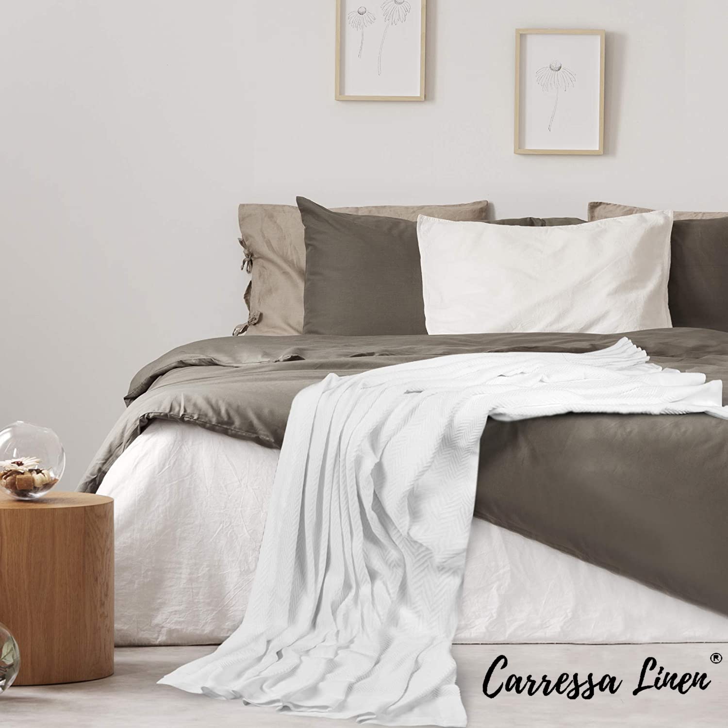 Carressa Linen Pure Cotton, Luxury Queen Size Soft White Blanket Herringbone Pattern, Lightweight, Soft & Cozy Premium Fall Throw Blanket for All Seasons, 350GSM & 90X92 with Free Cotton Pouch