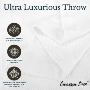 Carressa Linen Pure Cotton, Luxury Queen Size Soft White Blanket Herringbone Pattern, Lightweight, Soft & Cozy Premium Fall Throw Blanket for All Seasons, 350GSM & 90X92 with Free Cotton Pouch