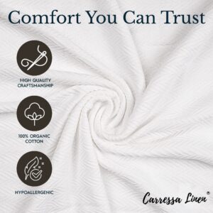 Carressa Linen Pure Cotton, Luxury Queen Size Soft White Blanket Herringbone Pattern, Lightweight, Soft & Cozy Premium Fall Throw Blanket for All Seasons, 350GSM & 90X92 with Free Cotton Pouch