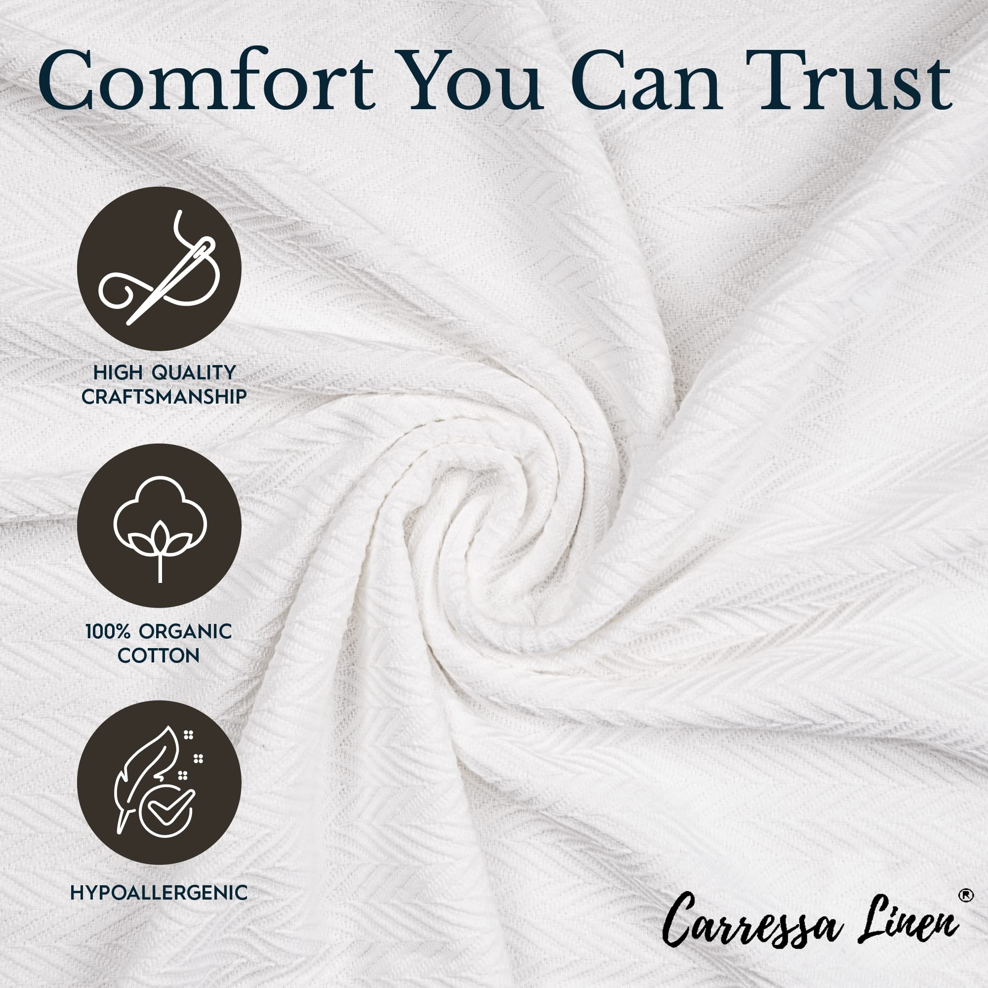 Carressa Linen Pure Cotton, Luxury Queen Size Soft White Blanket Herringbone Pattern, Lightweight, Soft & Cozy Premium Fall Throw Blanket for All Seasons, 350GSM & 90X92 with Free Cotton Pouch