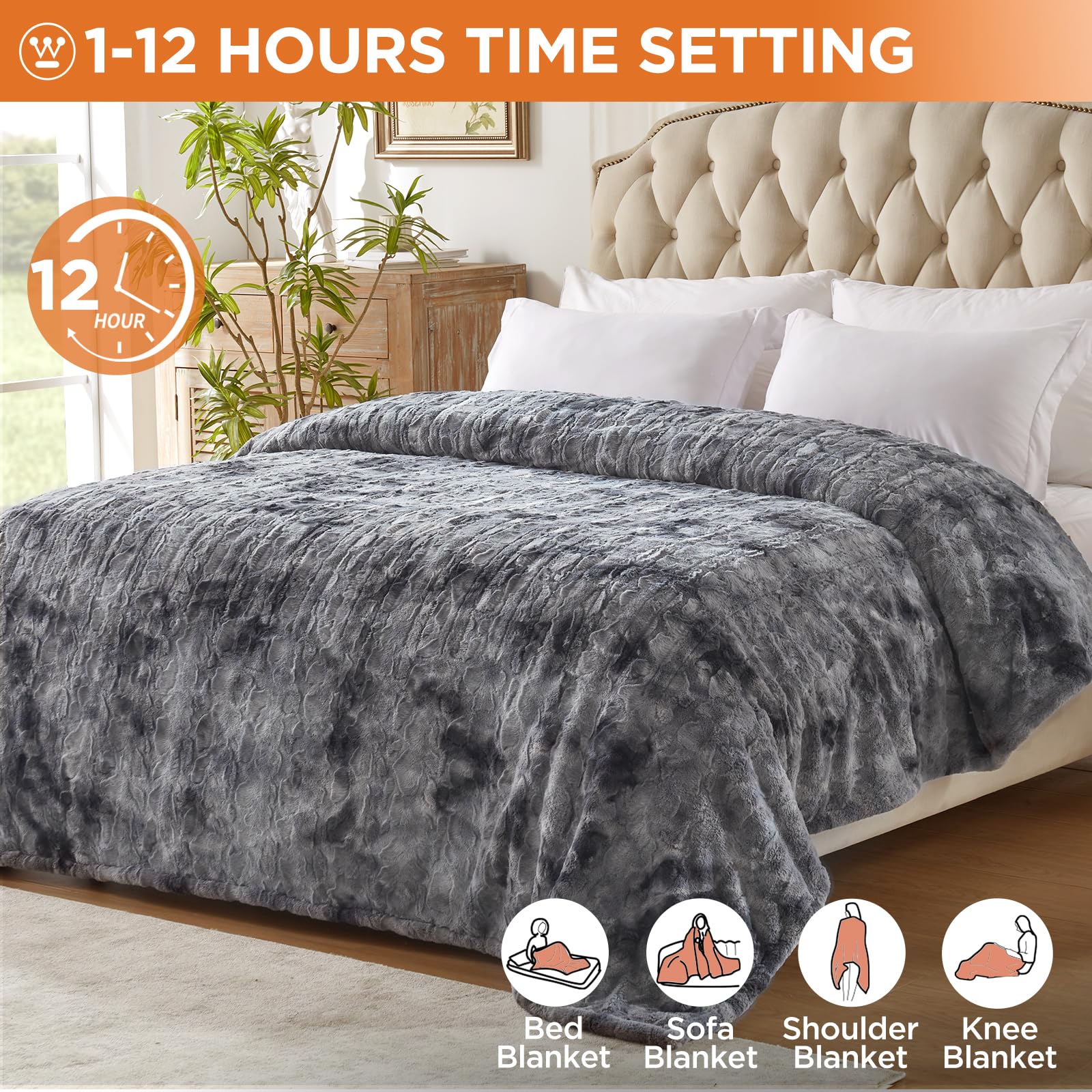 Westinghouse Electric Blanket Twin, Faux Fur Heated Blanket with 10 Heating Levels & 1-12 Hours Auto Off, Soft Cozy Sherpa Heated Blanket Washable Blanket (62" x 84" Twin Size, Grey)